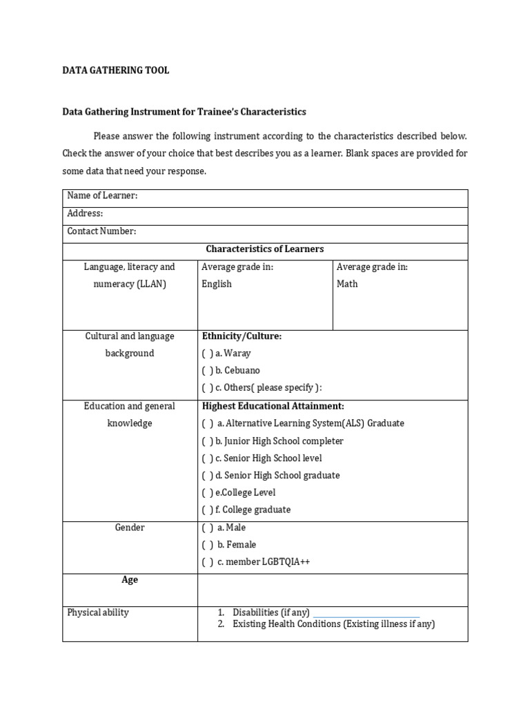 Data Gathering Tool - Jessryllintao | PDF | Learning | Classroom