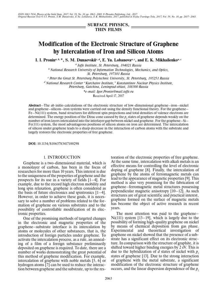 Modification of The Electronic Structure of Graphene by Intercalation of Iron and Silicon Atoms ...