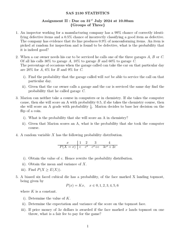 SAS 2130 Assign - II - 2024 | PDF | Variance | Probability