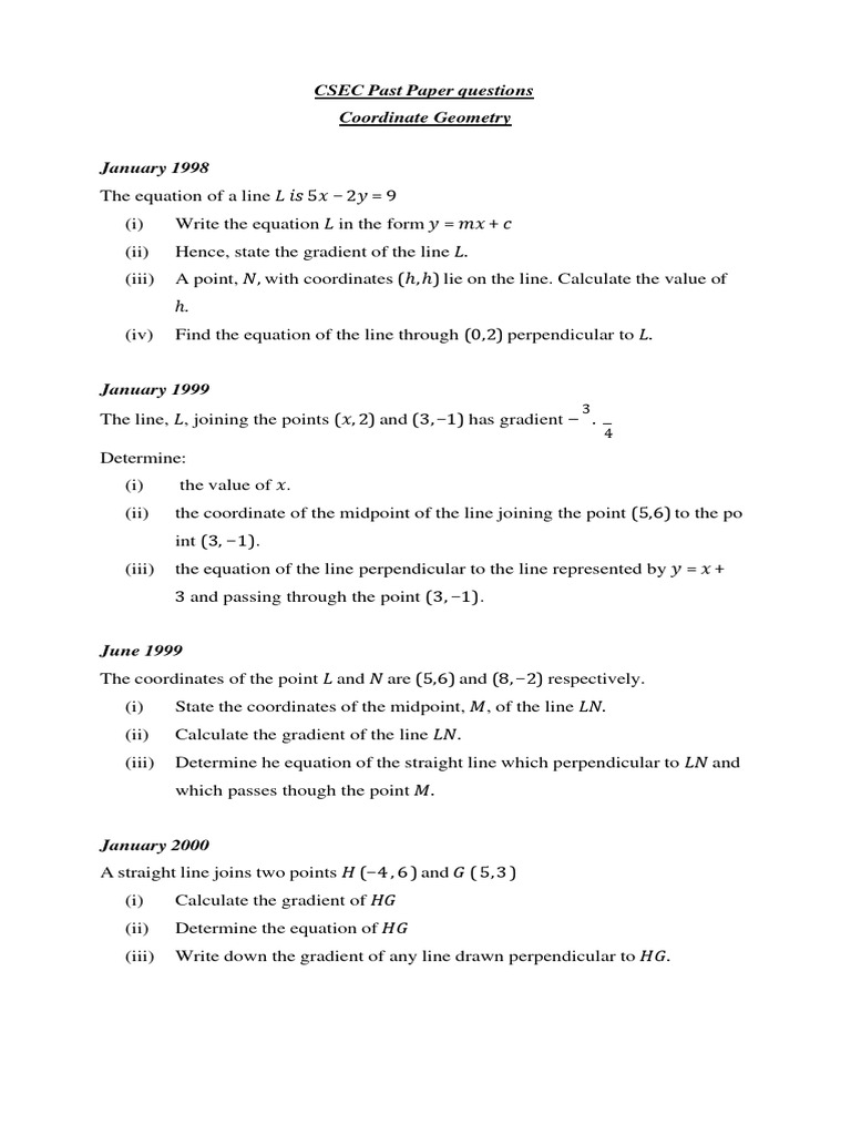 CSEC Past Paper Questions Coordinate Geometry 1998 To 2024 | PDF | Line ...