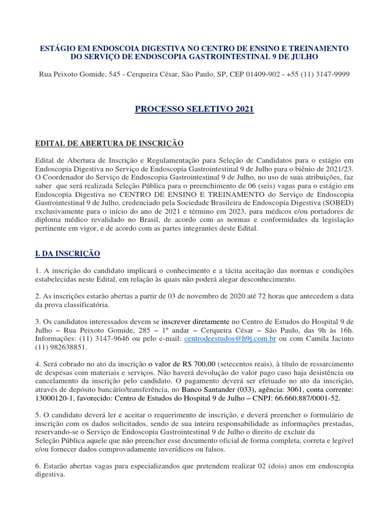Edital - 2021 - CET - HOSPITAL 9 DE JULHO | PDF | Doença do refluxo ...