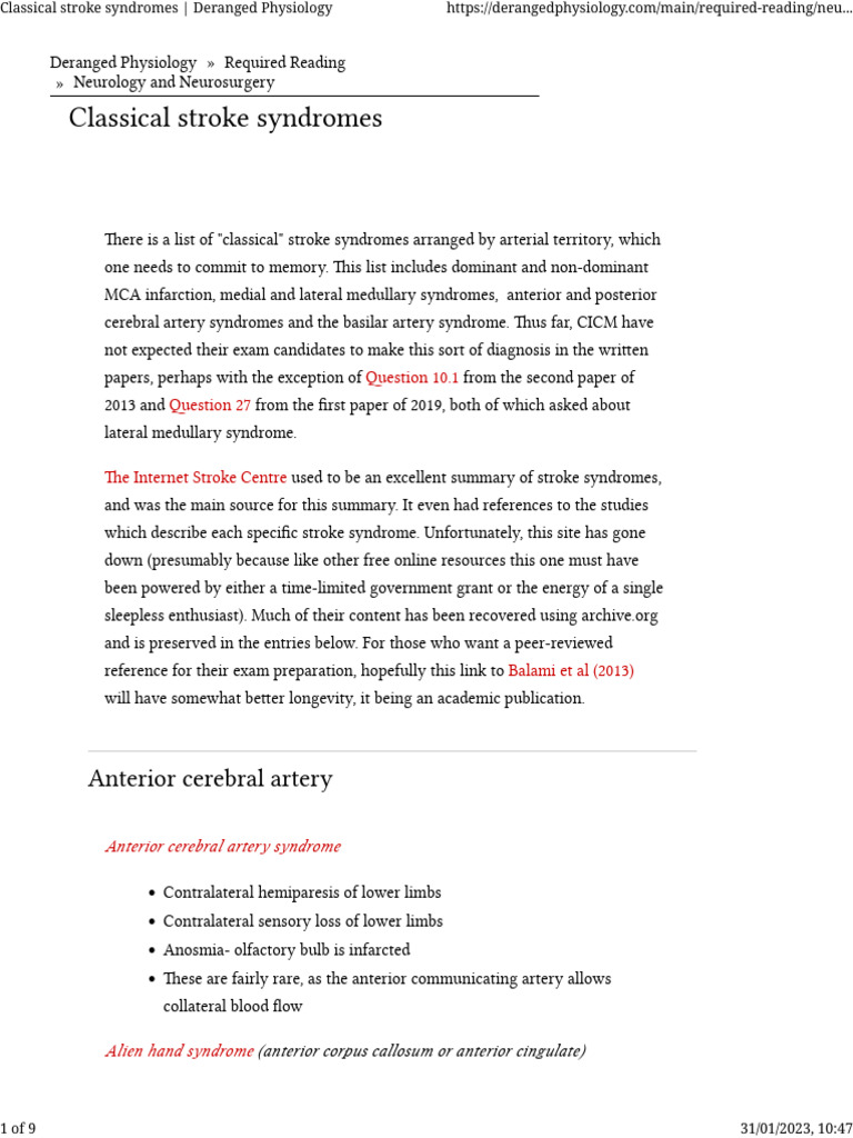Classical Stroke Syndromes - Deranged Physiology | PDF | Neuroscience ...