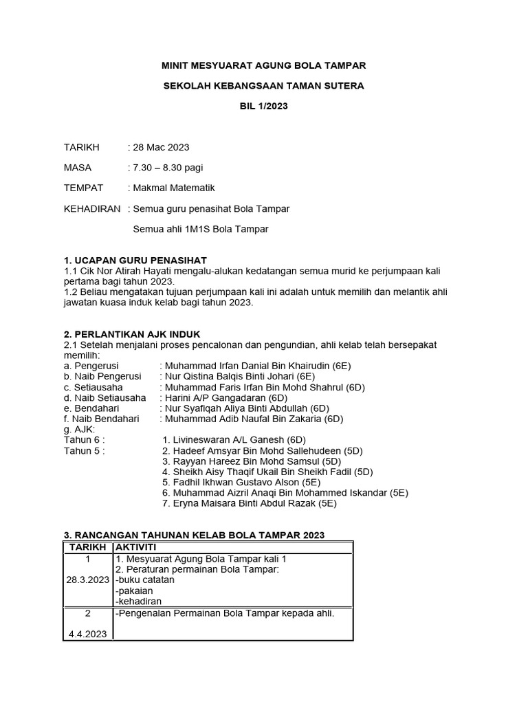 Minit Mesyuarat Agung Bola Tampar 2023 | PDF