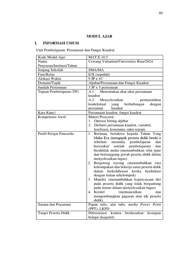 Modul Ajar-1 Persamaan Kuadrat | PDF