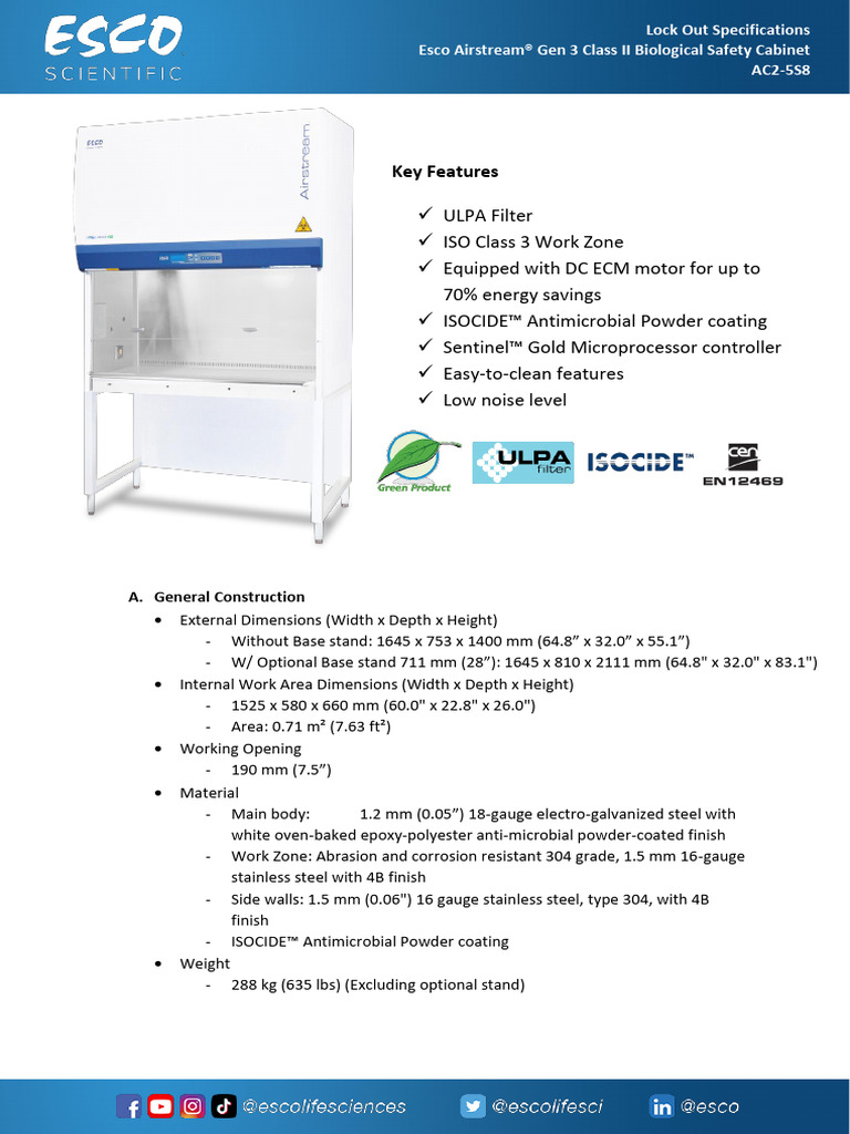Esco Airstream Gen 3 Class II BSC _AC2_5S8_ Lock Out Specifications Jan ...