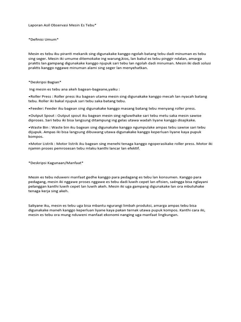 Tugas Novan Laporan Asil Observasi Mesin Es Tebu | PDF