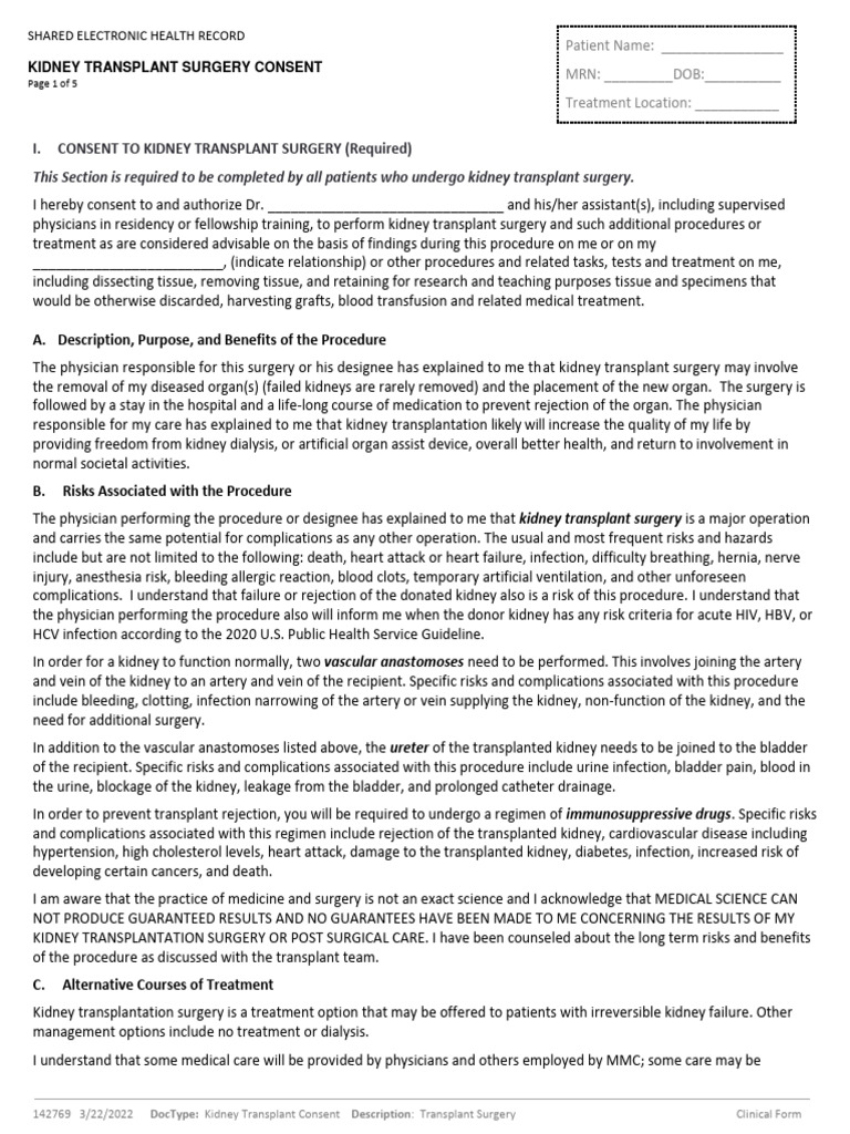 Kidney Transplant Surgery Consent Form | PDF | Kidney Transplantation ...