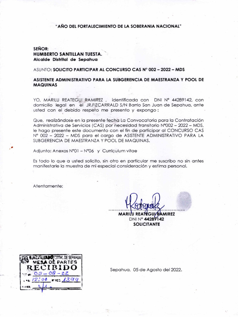 Marilu Reategui Ramirez-Solicitud Concurso Cas 08.2022 | PDF