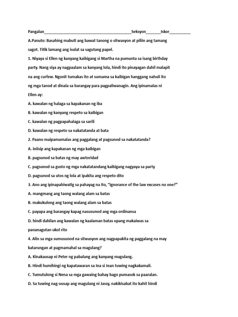 Short Quiz Paggalang | PDF
