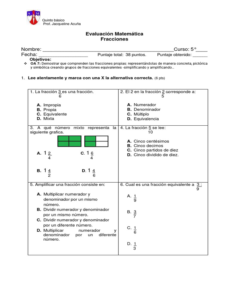 Prueba Matemã¡tica Fracciones Nâ°1 | PDF | Multiplicación | Matemáticas