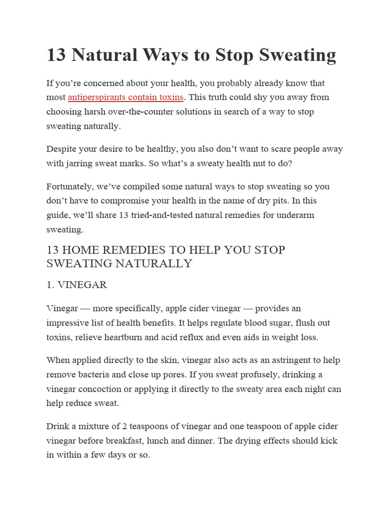 13 Natural Ways To Stop Sweating | PDF | Perspiration