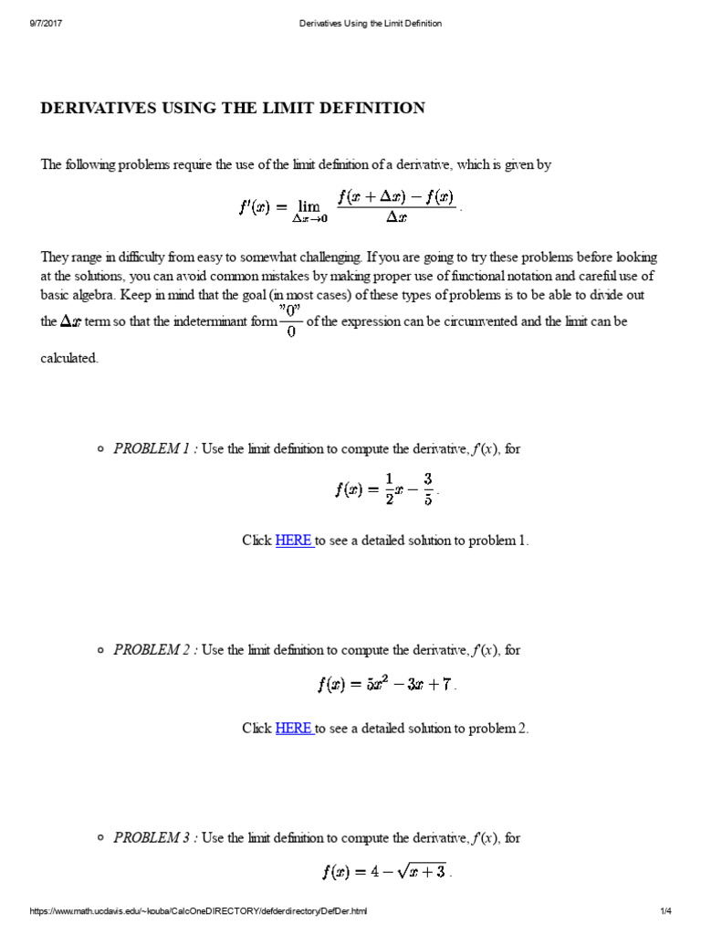 Derivatives Using The Limit Definition | PDF | Derivative | Functions ...