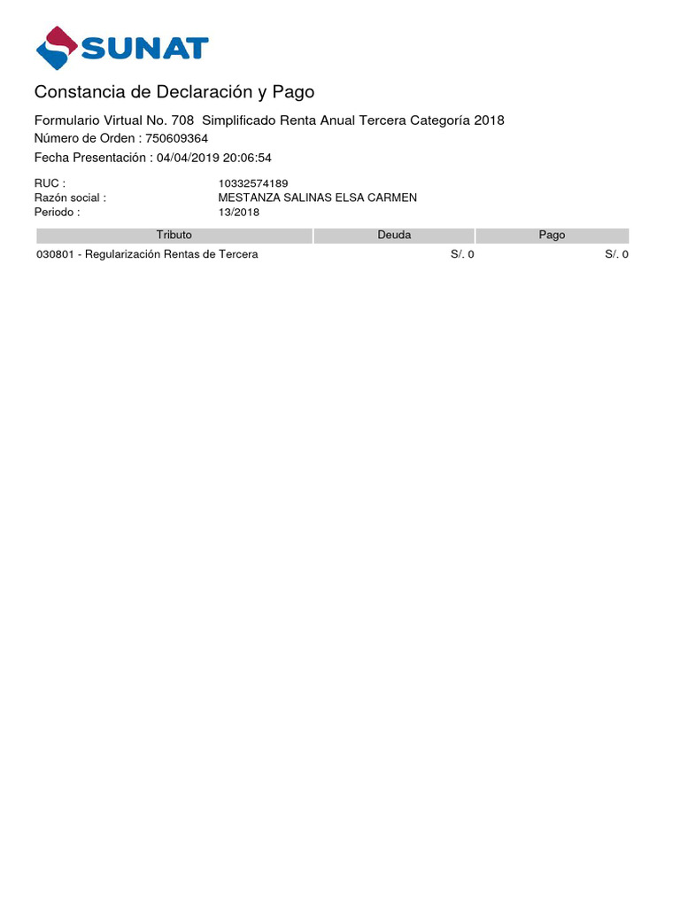 Constancia Pago Renta 3ra Cat. 2018 | PDF | Negocios