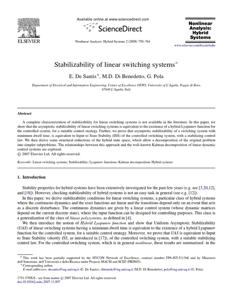 Stabilizability of Linear Switching Syst | PDF | Matrix (Mathematics) | Mathematics