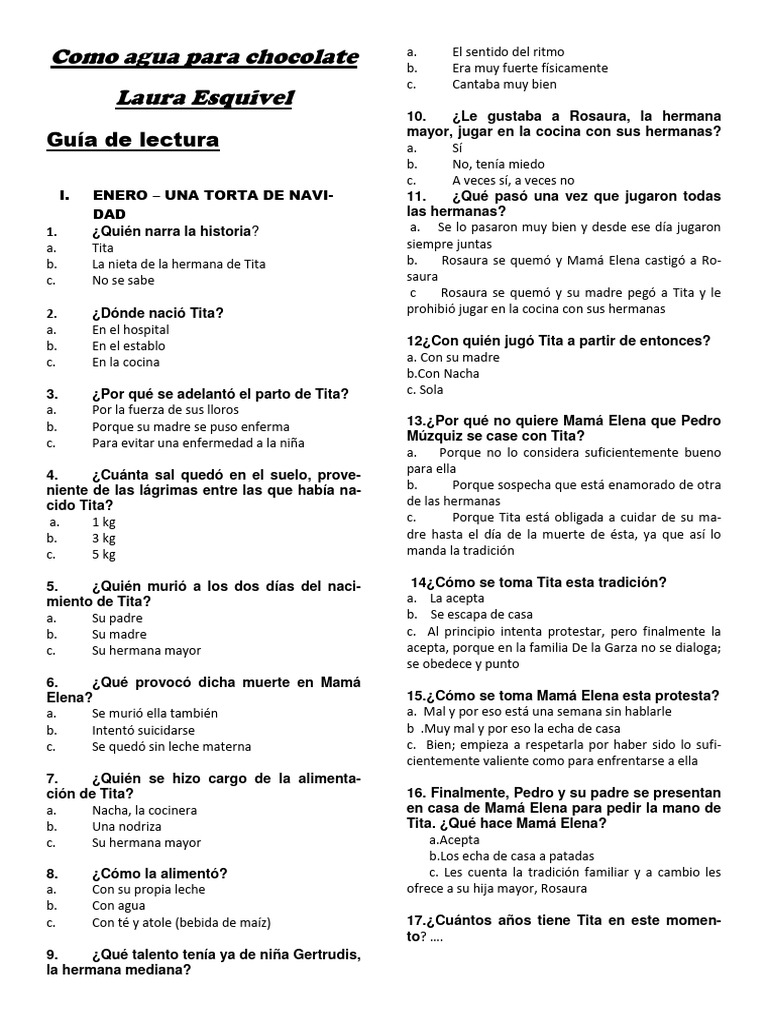 Como Agua para Chocolate Guia de Lectura | PDF