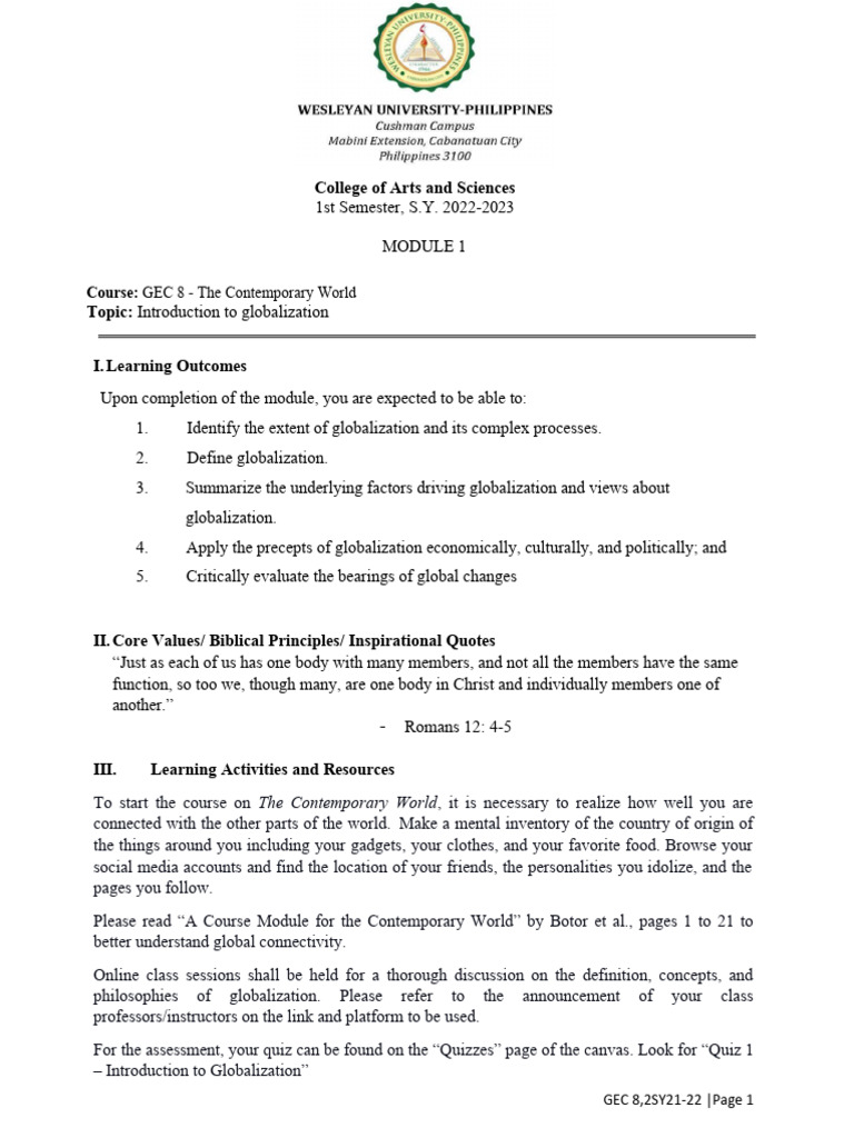 MODULE 1 Introduction To Globalization | PDF | Globalization | Learning