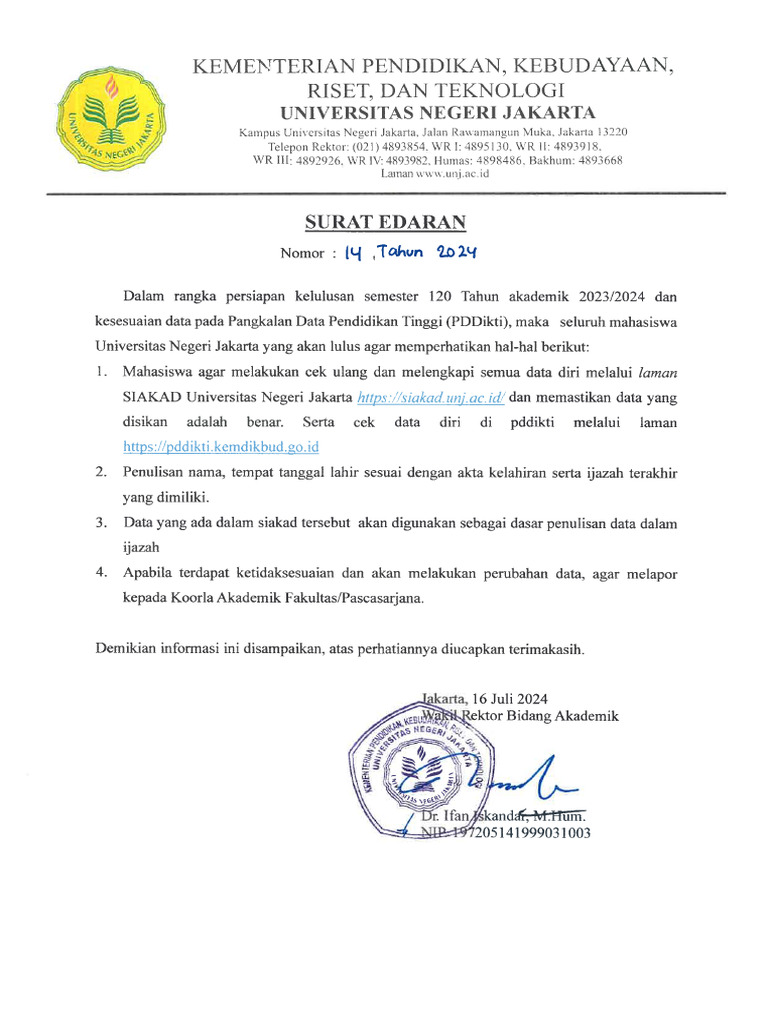 4 - Surat Edaran Pengisian Biodata Mahasiswa Di Siakad Dan Pddikti | PDF