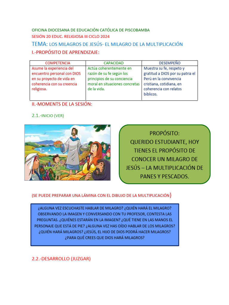 Sesión 20 Educ. Religiosa Iii Ciclo 2024 PDF | PDF | Jesús | Milagro