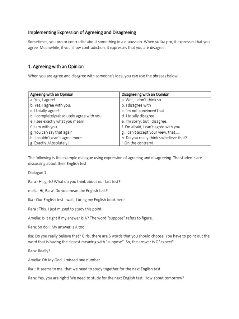 Implementing Expression of Agreeing and Disagreeing | PDF