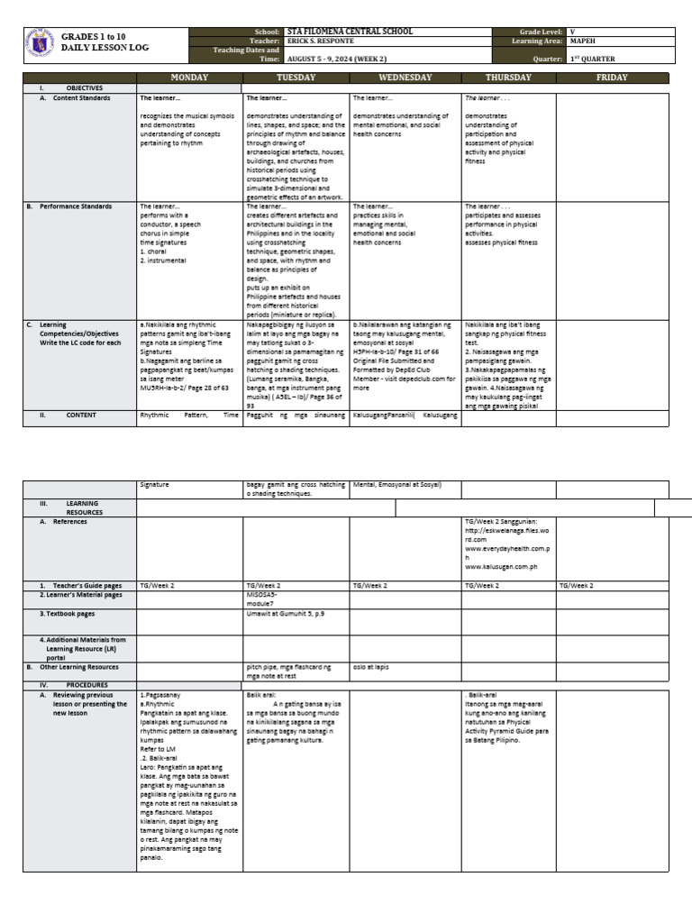 DLL - Mapeh 5 - Q1 - W2 | PDF