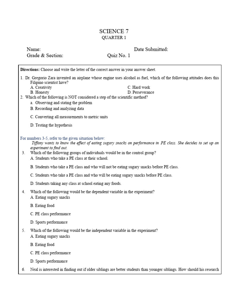 Science 7 Quiz No1 | PDF | Hypothesis | Scientific Method