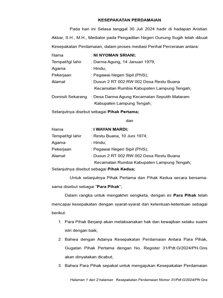 Kesepakatan Perdamaian 31 - PDT.G - 2024 - PN GDT | PDF | Hukum