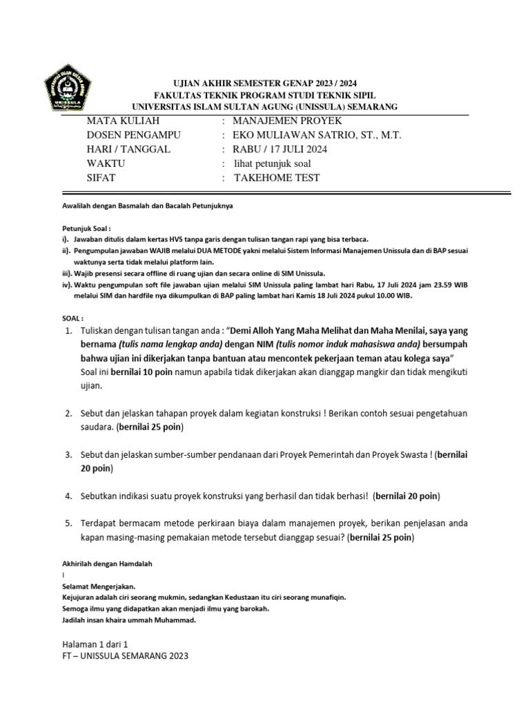 SOAL UJIAN UAS ManPro SEMESTER GENAP 2023-2024 - UAS | PDF