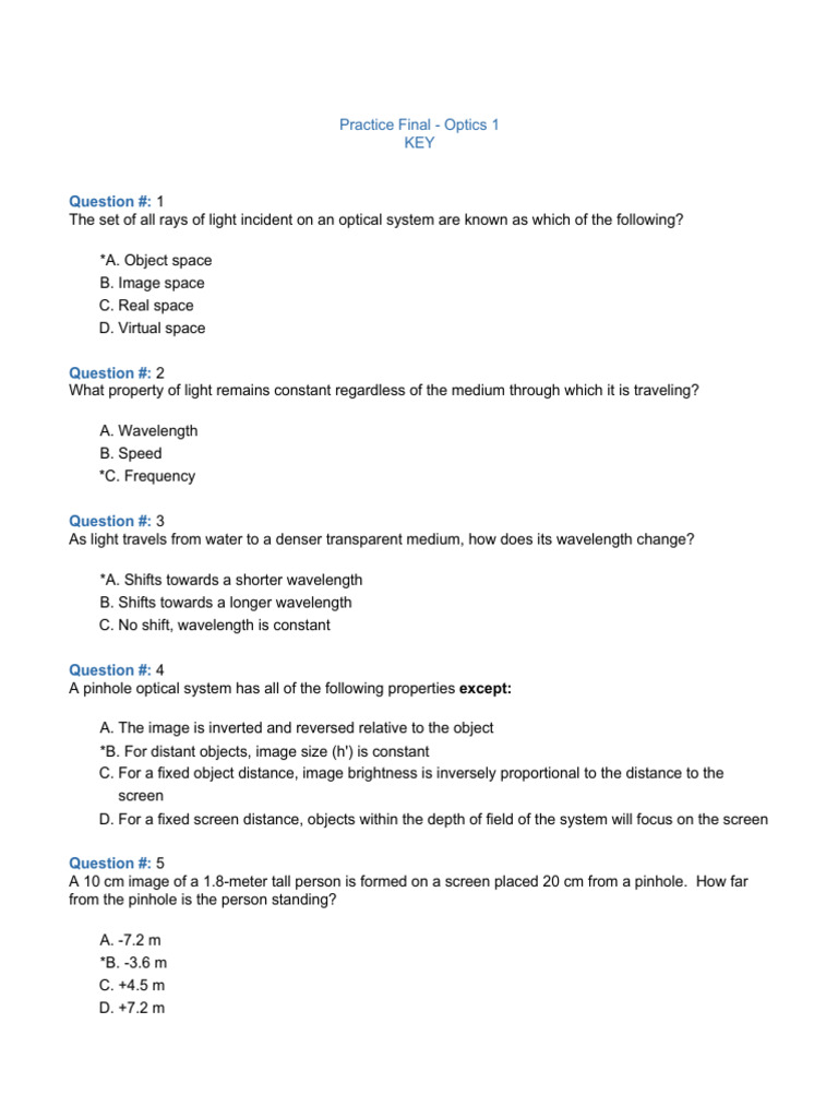 Optics Practice Final Exam Key | PDF | Optics | Wavelength