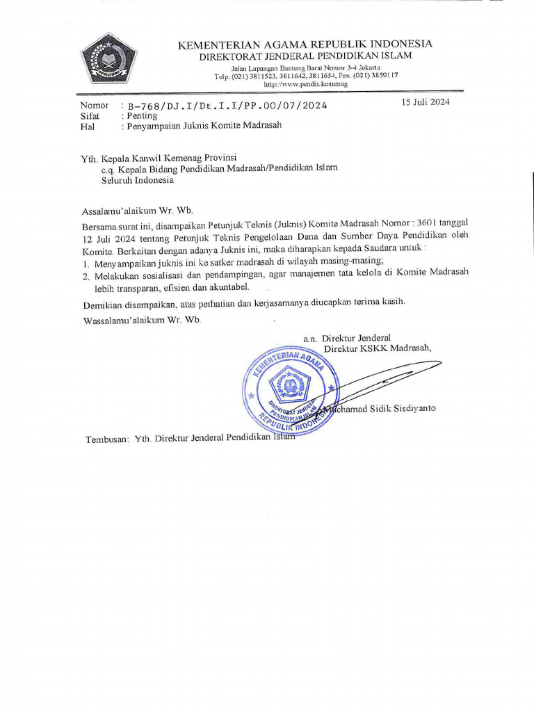 Kepdirjen Pendis 3601 Tahun 2024 - Juknis Komite Tahun 2024 | PDF