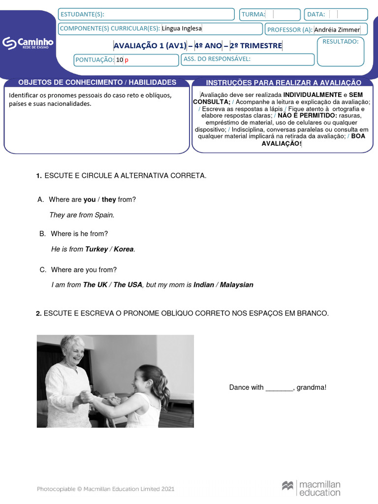 Av1 Segundo Tri Teacher Andréia - 43, 44 e 45 | PDF