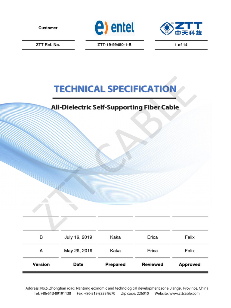 ZTT Adss Span100 Span200 Cable 19-99450-1-B | PDF | Optical Fiber | Materials