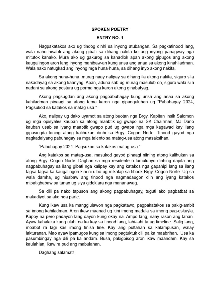 PABUHAGAY 2024 - Spoken Poetry Entries | PDF