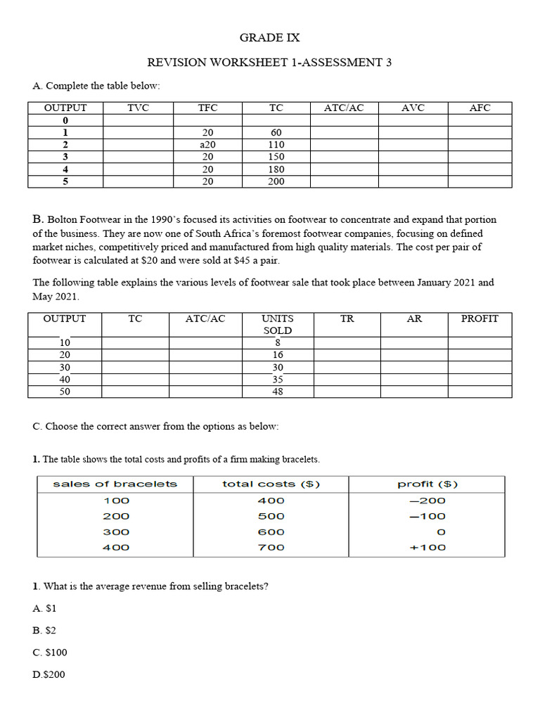 Revision Worksheet 1 | PDF | Profit (Economics) | Cost