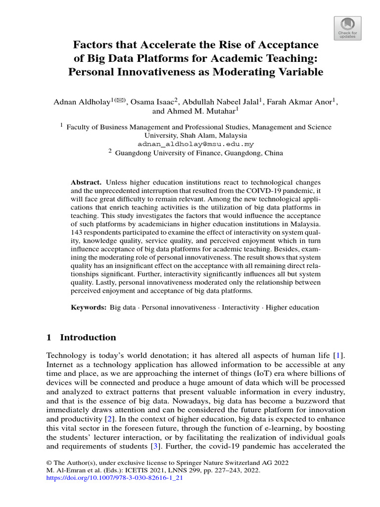 Personal Innovativeness As Moderating Variable Big Data | PDF | Big Data | Interactivity