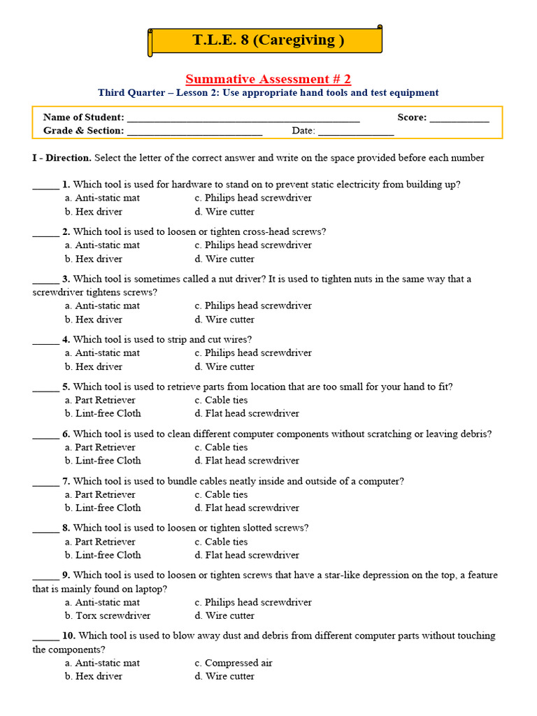 1st Summative Test (T.L.E. 8 - Computer Hardware Servicing) | PDF ...