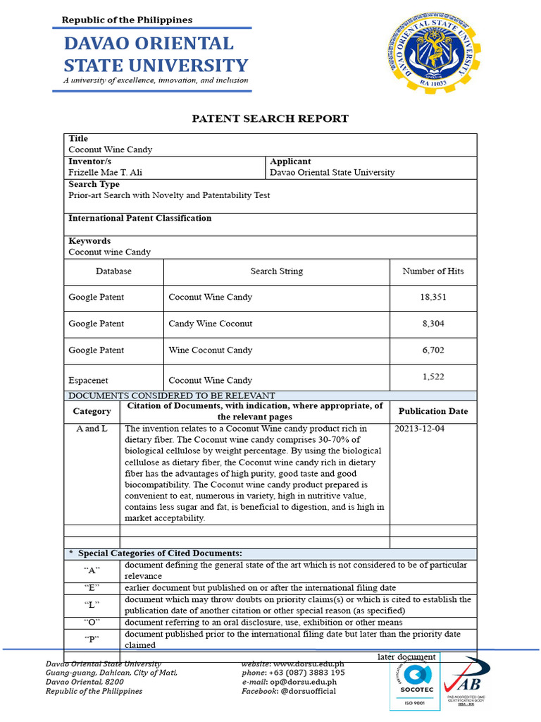 Ali Patent Search Report Format Pdf Prior Art Glossary Of Patent