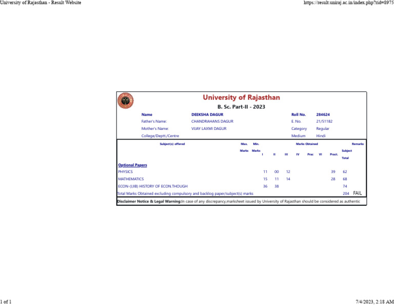 University of Rajasthan - Result Website | PDF