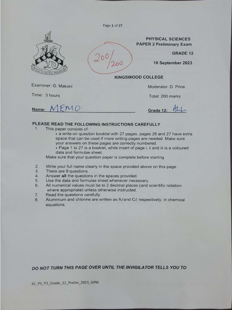 KC PS 2023 P2 Prelim Memo | PDF