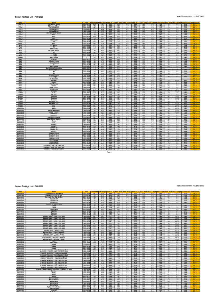 Vehicle Square Footage Measurements | PDF | Chevrolet Silverado | Bmw