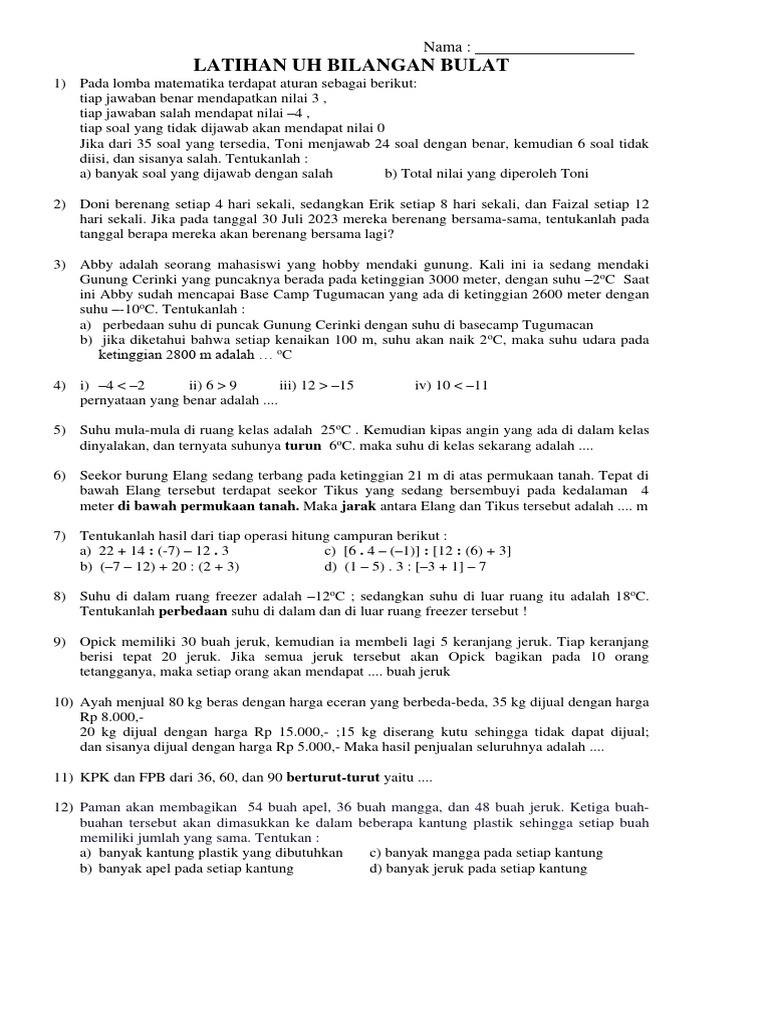 Latihan Uh 1 Bilangan Bulat | PDF