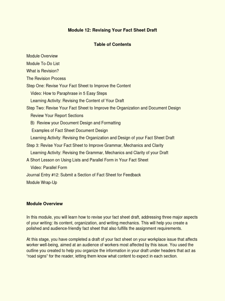 WRIT 200 Module 12 Revising Your Fact Sheet Draft | PDF | Information ...