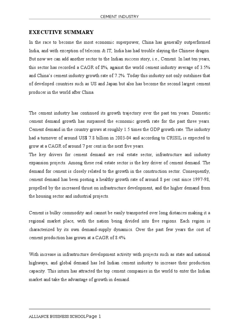 Executive Summary: Cement Industry | PDF | Coal | Economic Growth