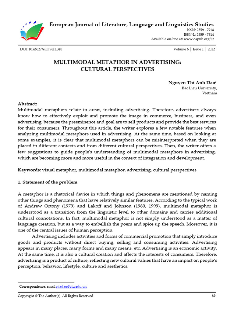 Multimodal Metaphor in Advertising Cultural Perspectives | PDF ...
