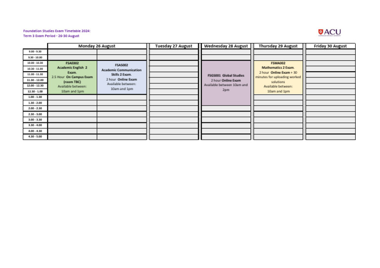 Foundation Studies Exam Timetable Term 3 2024 | PDF
