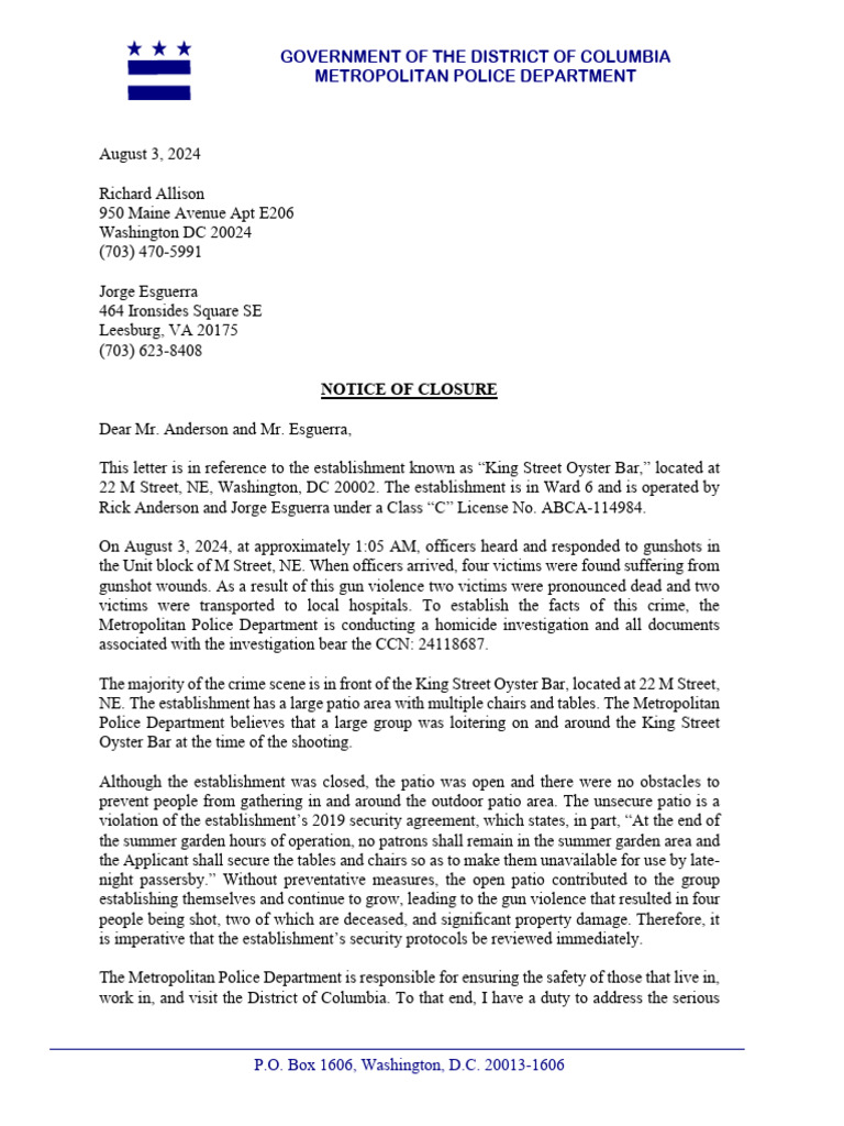 King Street Oyster Bar Closure Notice | PDF | Criminal Law | Misconduct