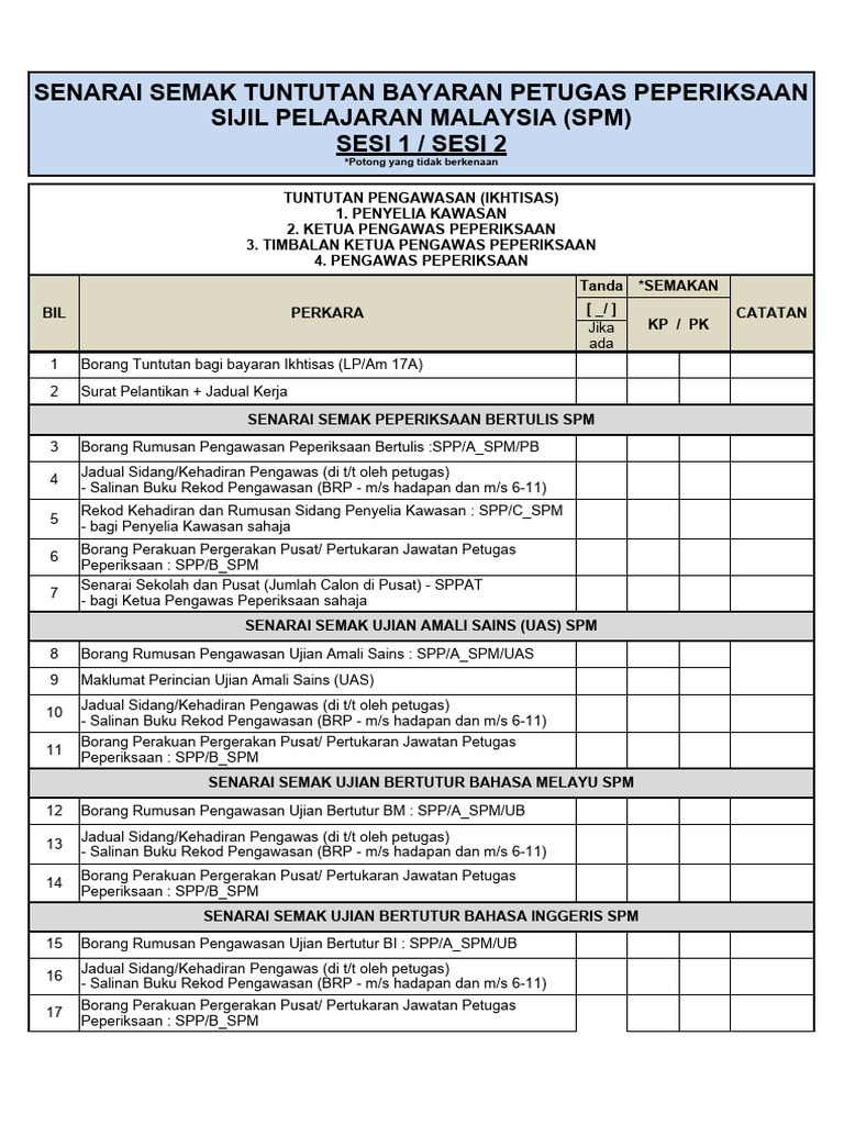 1.1 Senarai Semak Tuntutan Pegawas Peperiksaan | PDF