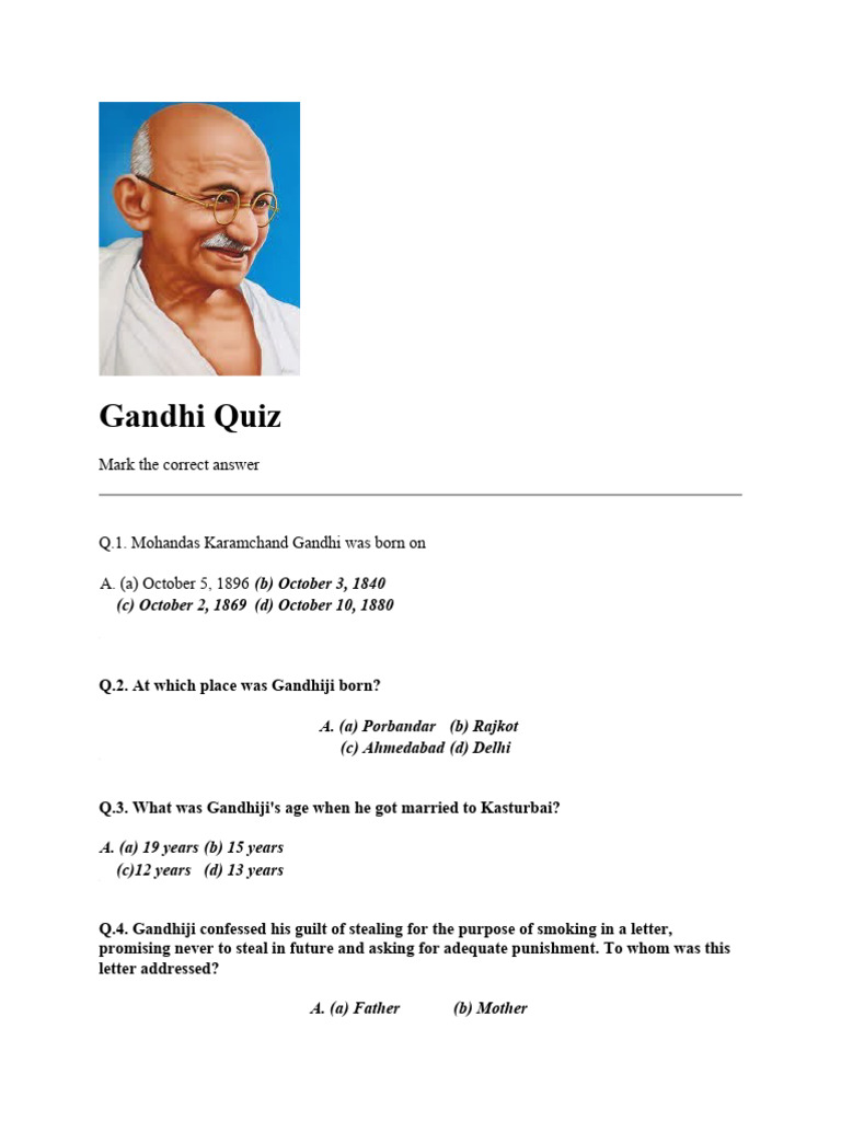 Gandhi Quiz | PDF | Mahatma Gandhi | Indian Nationalism