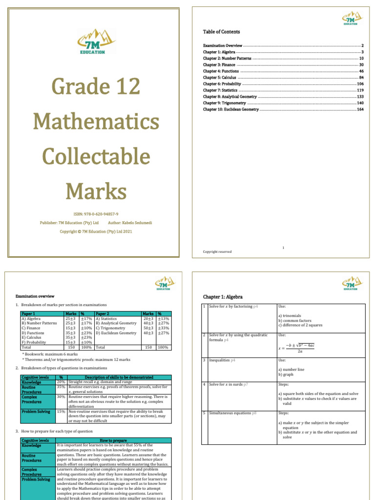 Gr12 Maths Summaries (Collectable Marks) | PDF | Equations | Geometry