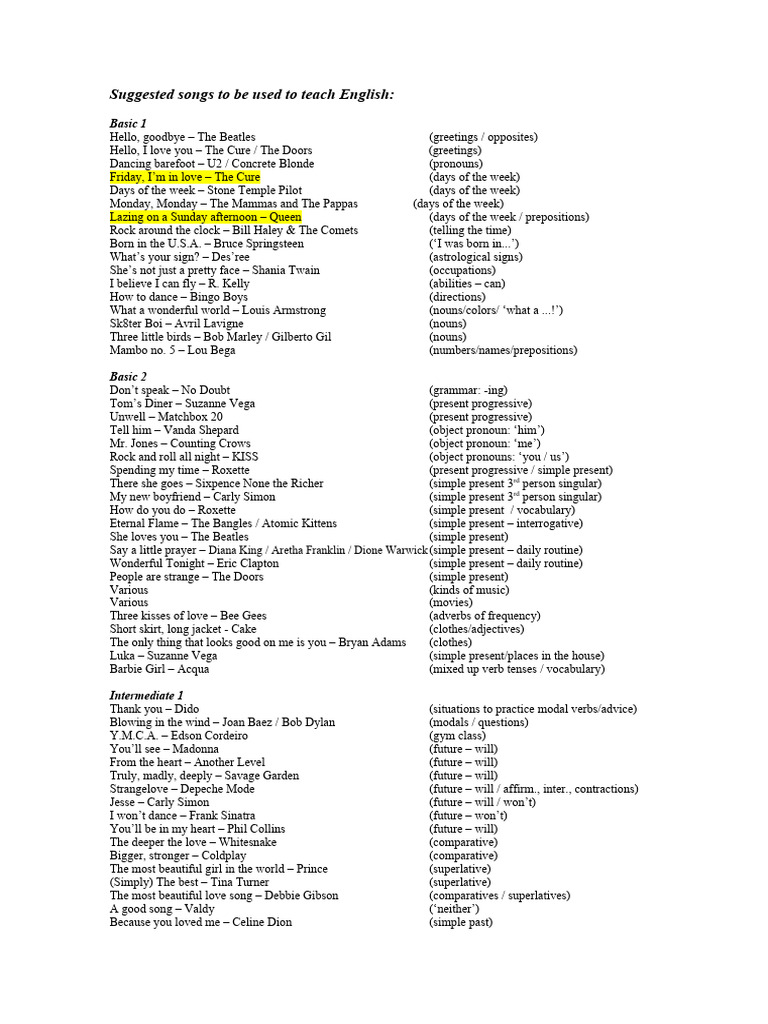 Songs To Teach English | PDF | Verb