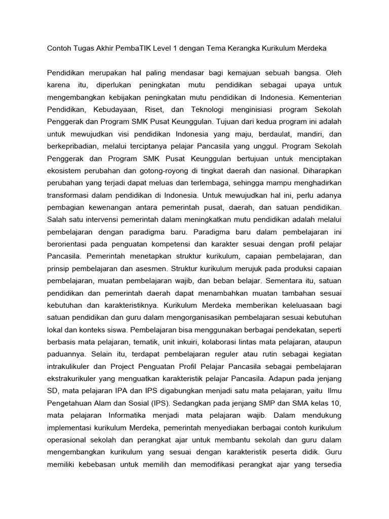 Contoh Tugas Akhir PembaTIK Level 1 Dengan Tema Kerangka Kurikulum Merdeka | PDF